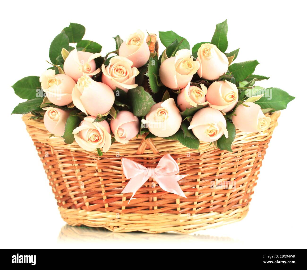 Beautiful bouquet of roses in basket, isolated on white Stock Photo - Alamy