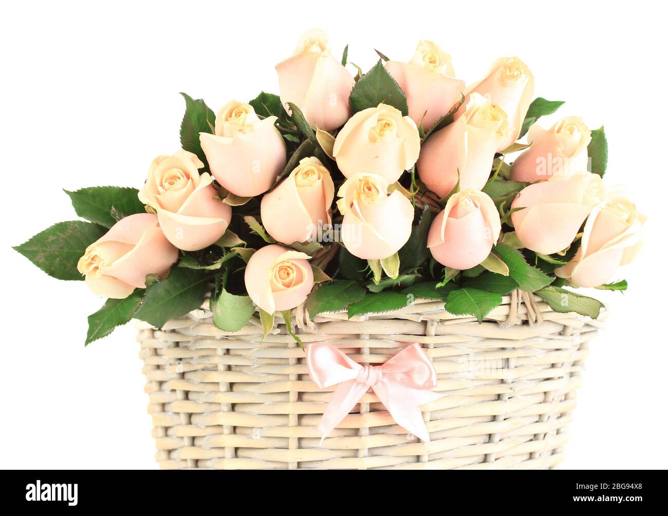 Beautiful bouquet of roses in basket, isolated on white Stock Photo - Alamy