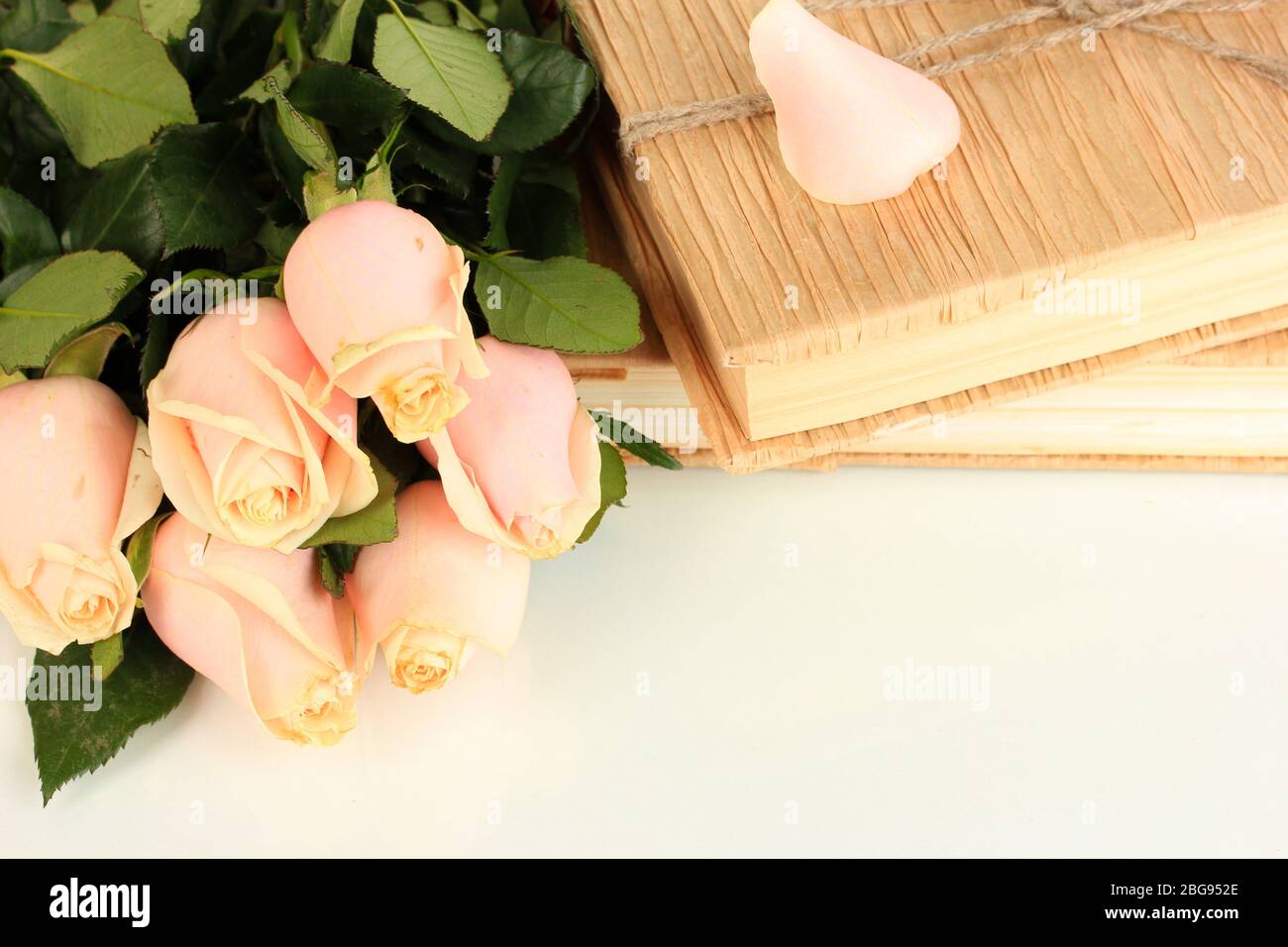 Beautiful bouquet of roses and books, isolated on white Stock Photo - Alamy