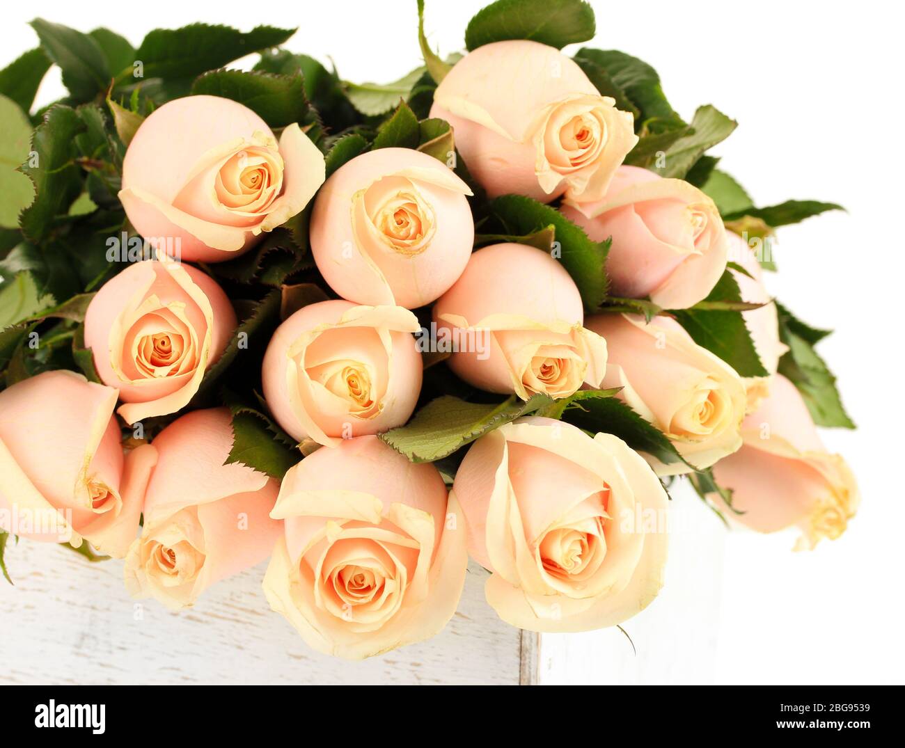 Beautiful bouquet of roses in wooden crate, isolated on white Stock ...