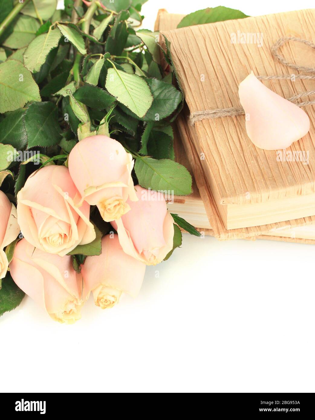 Beautiful bouquet of roses and books, isolated on white Stock Photo - Alamy