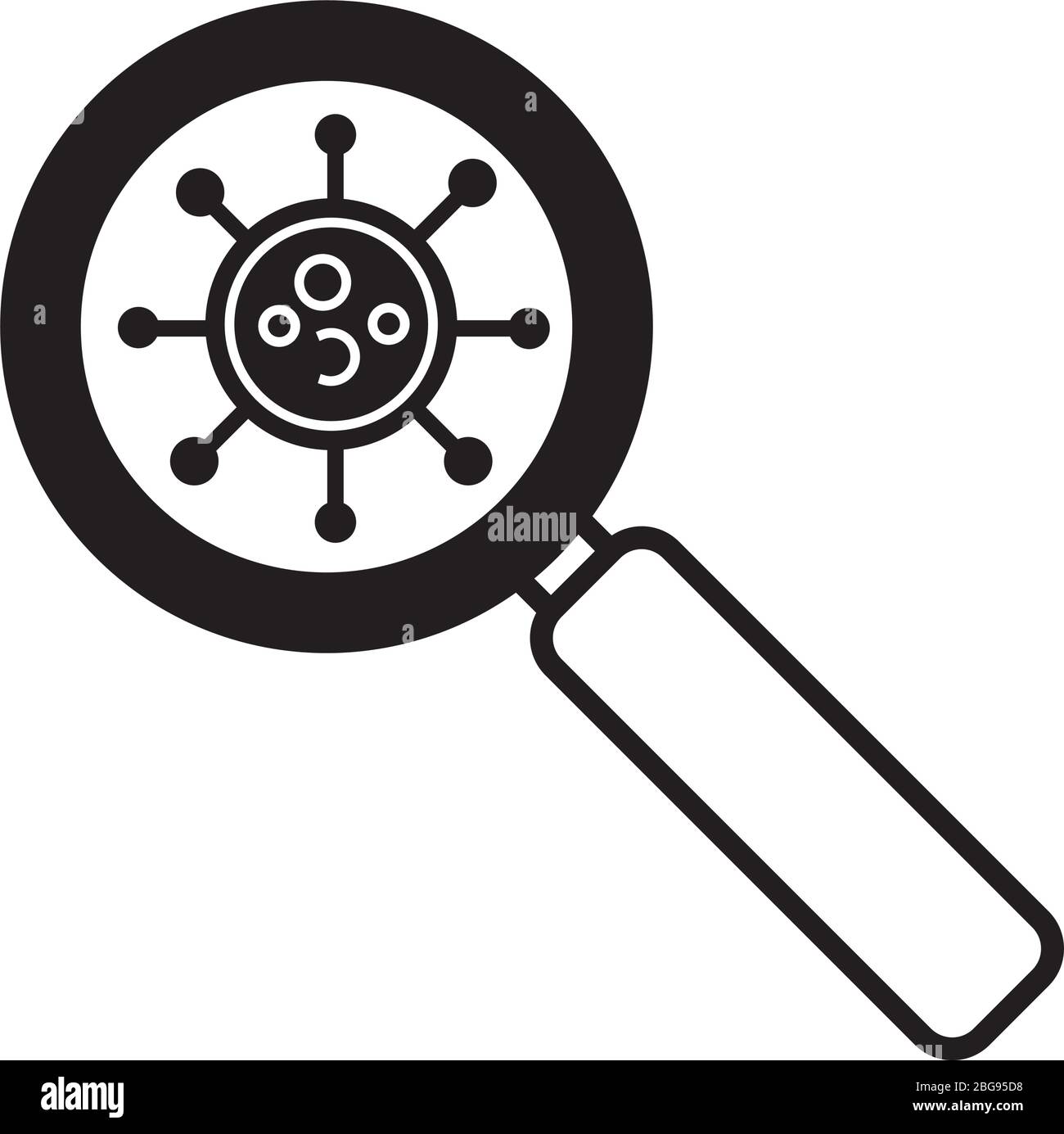 magnifying glass with covid19 particle health pictogram silhouette ...