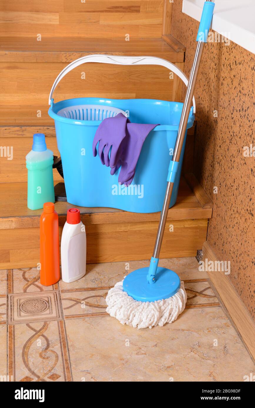 House cleaning equipment with mop Stock Photo - Alamy