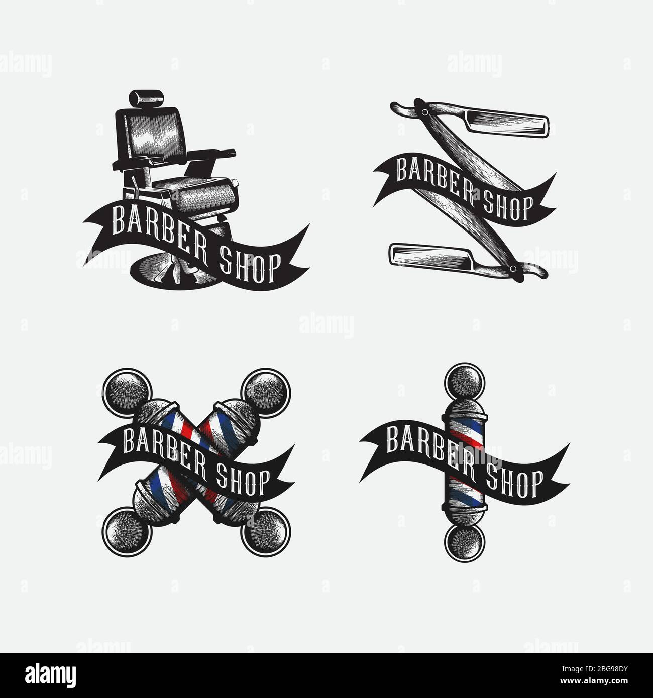 set hand drawn barber shop logo design. vector illustration pole razor ...