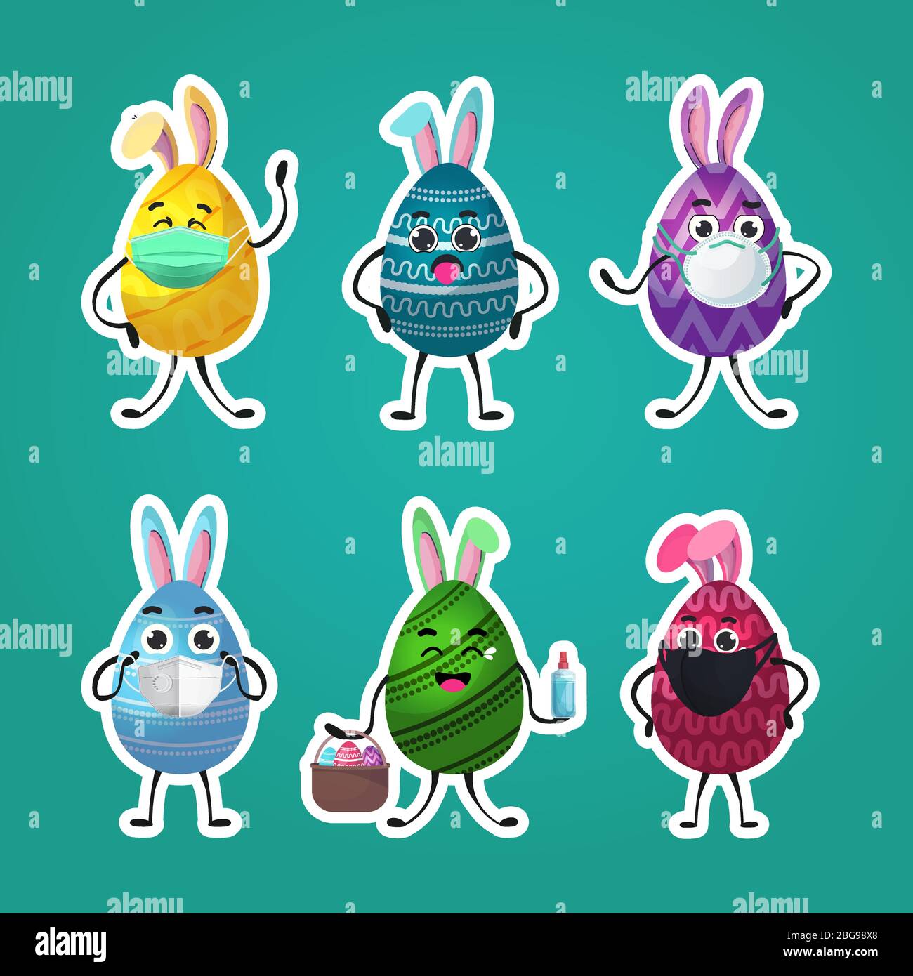 set decorated eggs with rabbit ears in medical masks happy easter ...