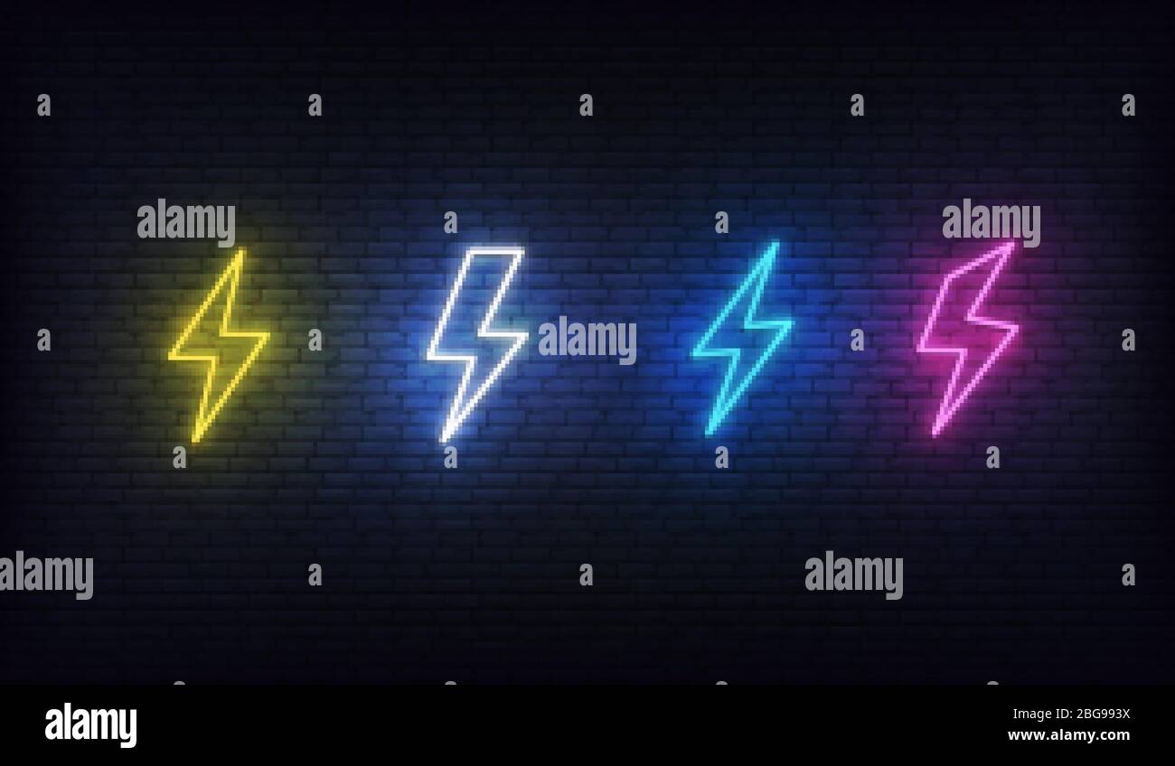 Lightning bolt neon. Energy neon set. Sign of lightning, thunder and ...