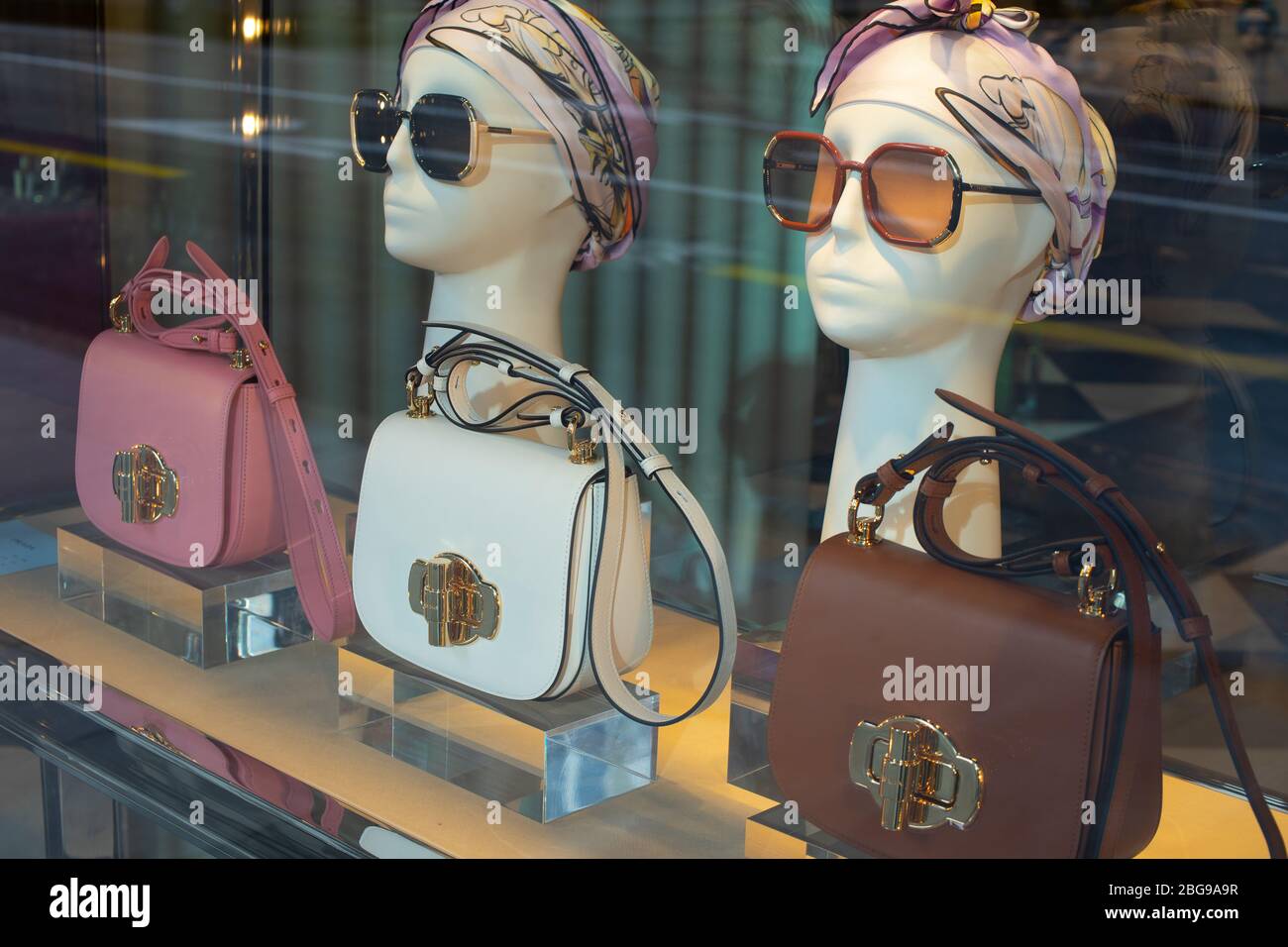 Geneva, Switzerland, March 2020: Prada fashion store, window shop, bags ...