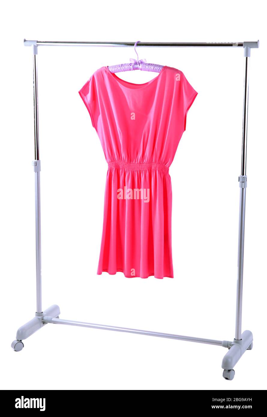 Beautiful pink dress hanging on hangers isolated on white Stock Photo ...
