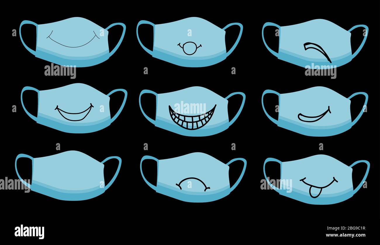 set of medical respiratory masks with drawings. Cute faces on masks ...