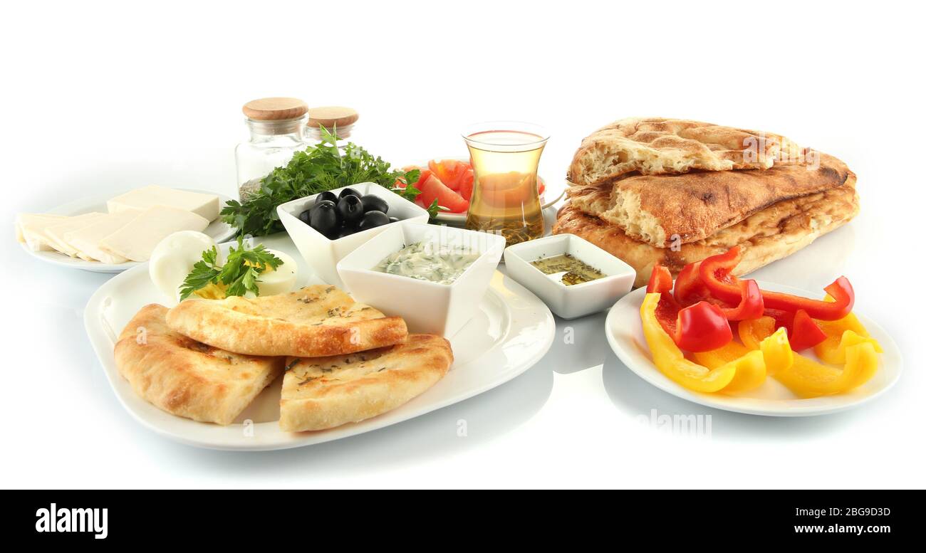 Traditional Turkish breakfast isolated on white Stock Photo - Alamy