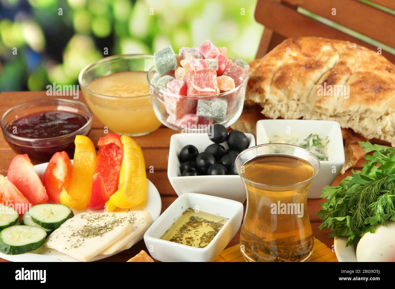Traditional Turkish breakfast on table on bright background Stock Photo ...