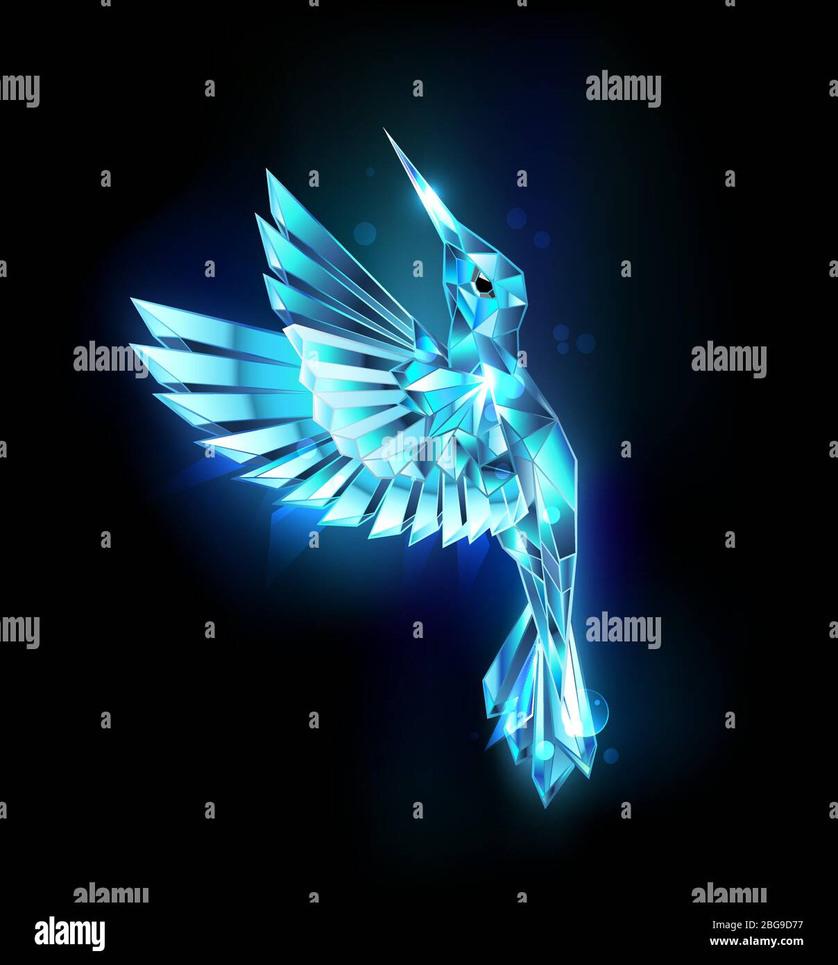 Ice crystal flying hummingbird on glowing black background. Blue low ...