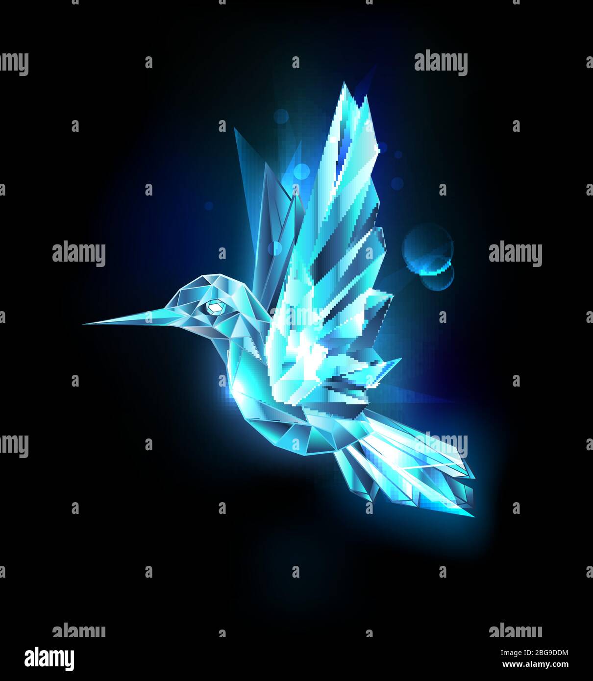 Ice crystal hummingbird on glowing black background. Blue low poly bird ...