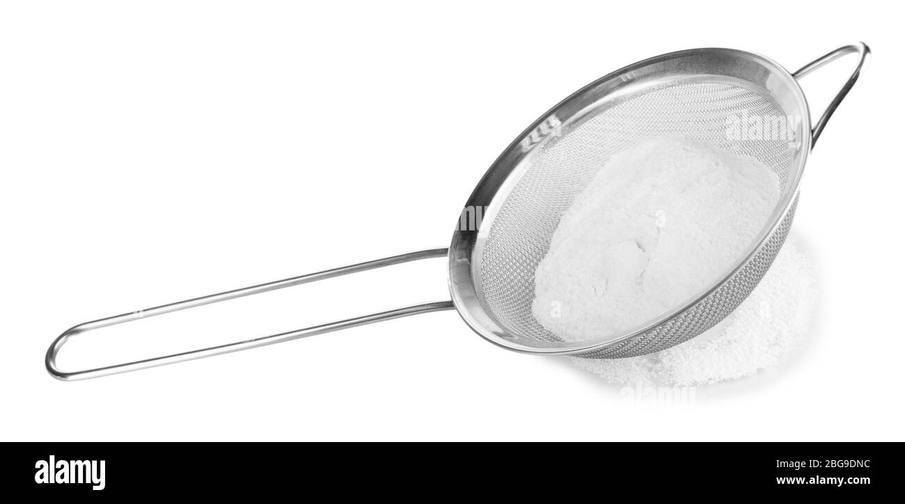 Powdered sugar in metal sieve isolated on white Stock Photo - Alamy