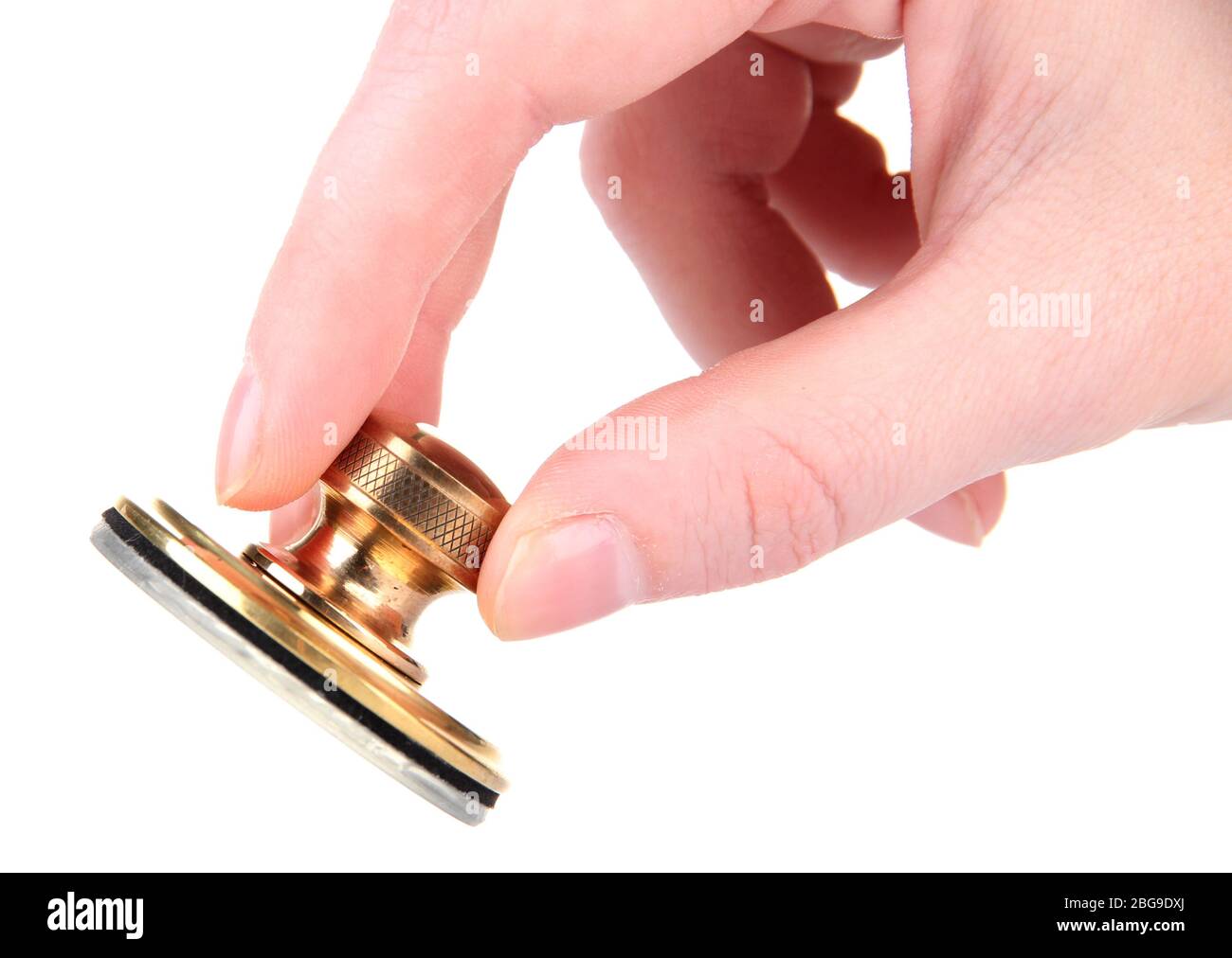 Hand with metal stamp, isolated on white Stock Photo - Alamy