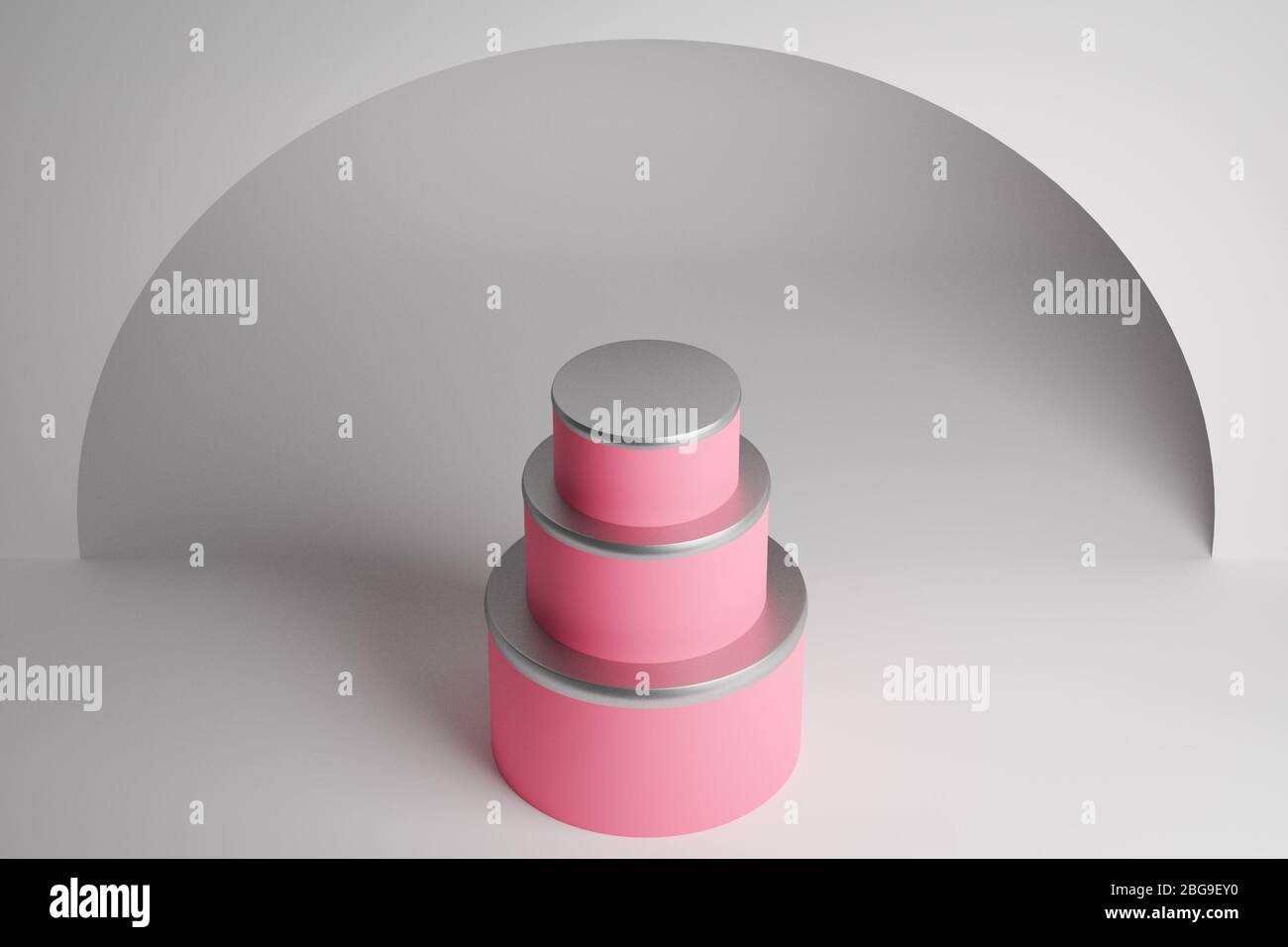 3D rendering three-tier wedding cake. Сlose-up of the pink isosceles ...