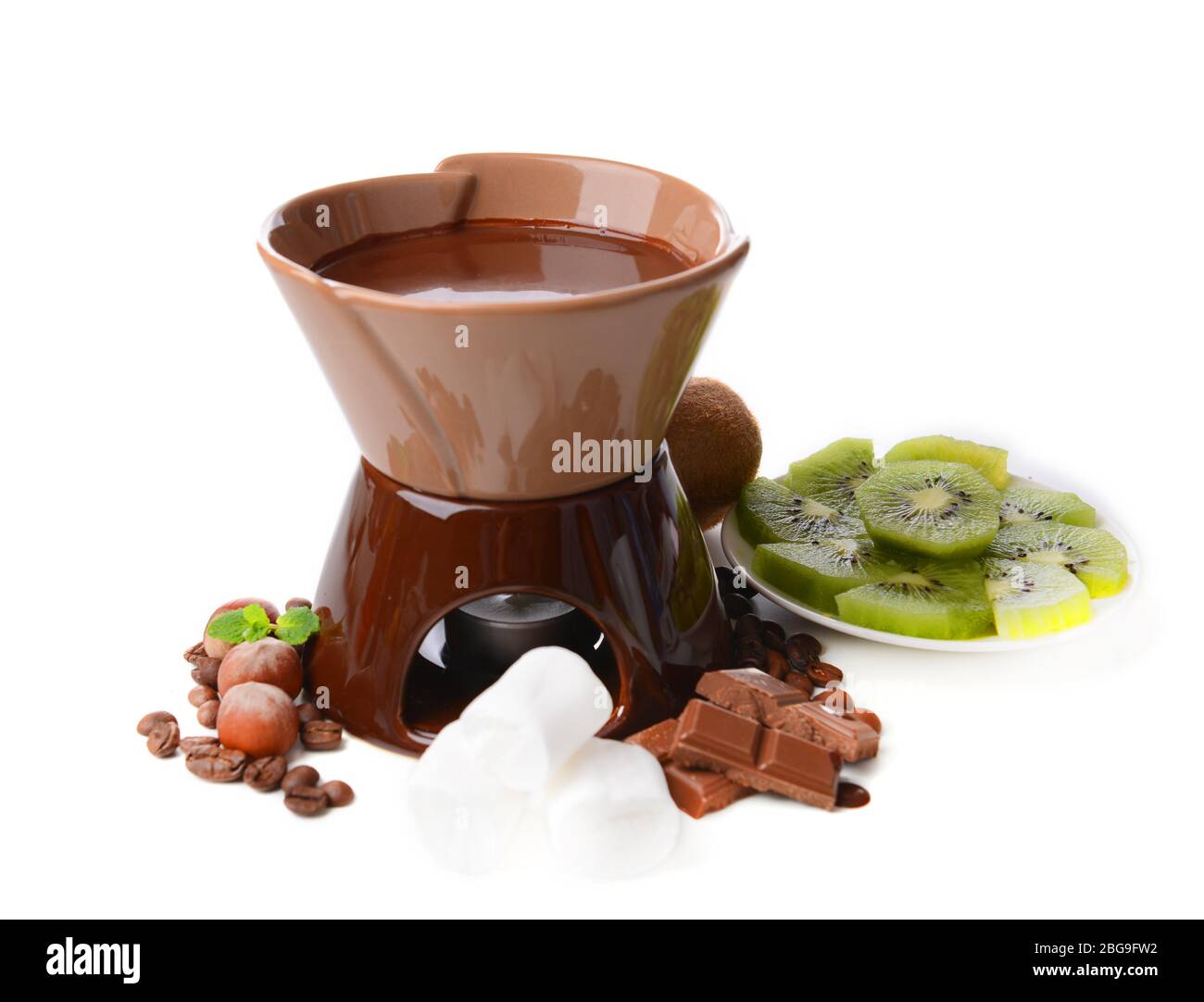 Chocolate fondue with fruits, isolated on white Stock Photo - Alamy