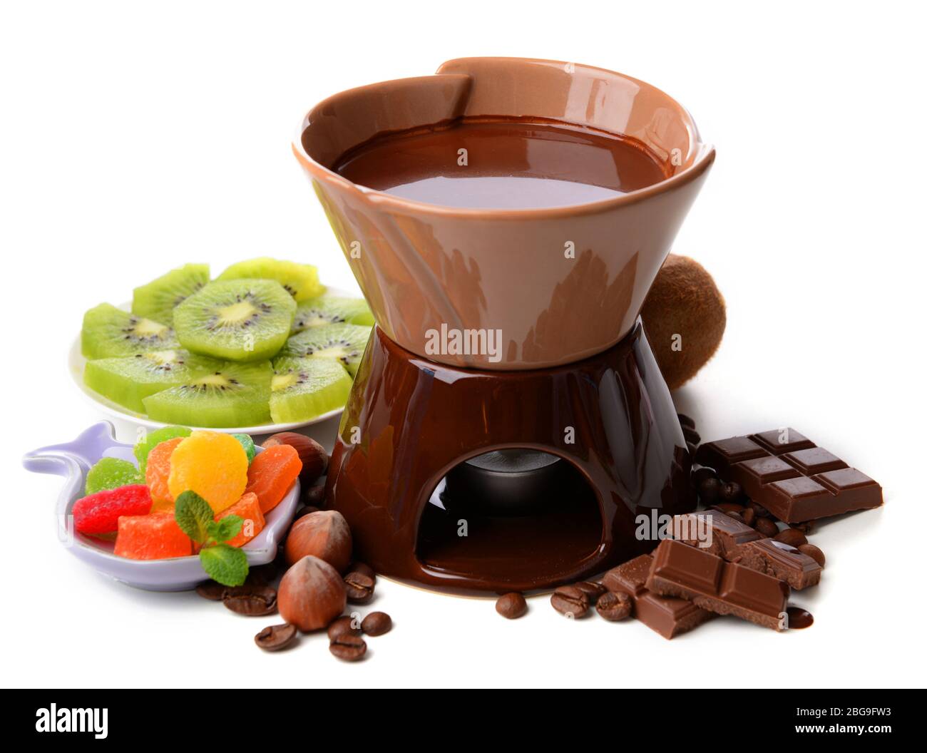 Chocolate fondue with fruits, isolated on white Stock Photo - Alamy