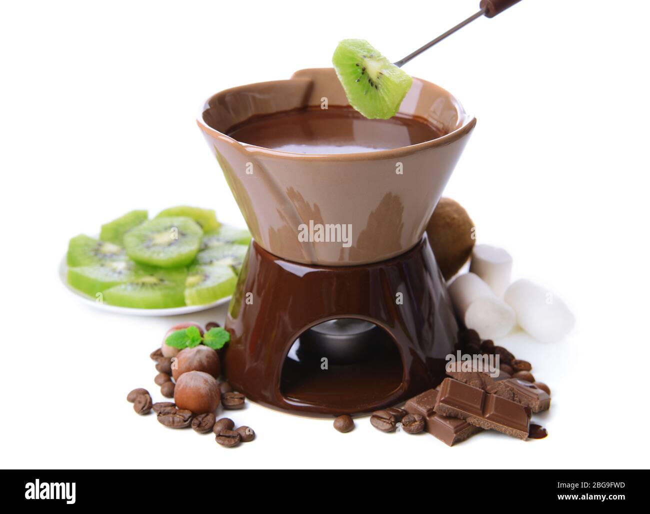 Chocolate fondue with fruits, isolated on white Stock Photo - Alamy