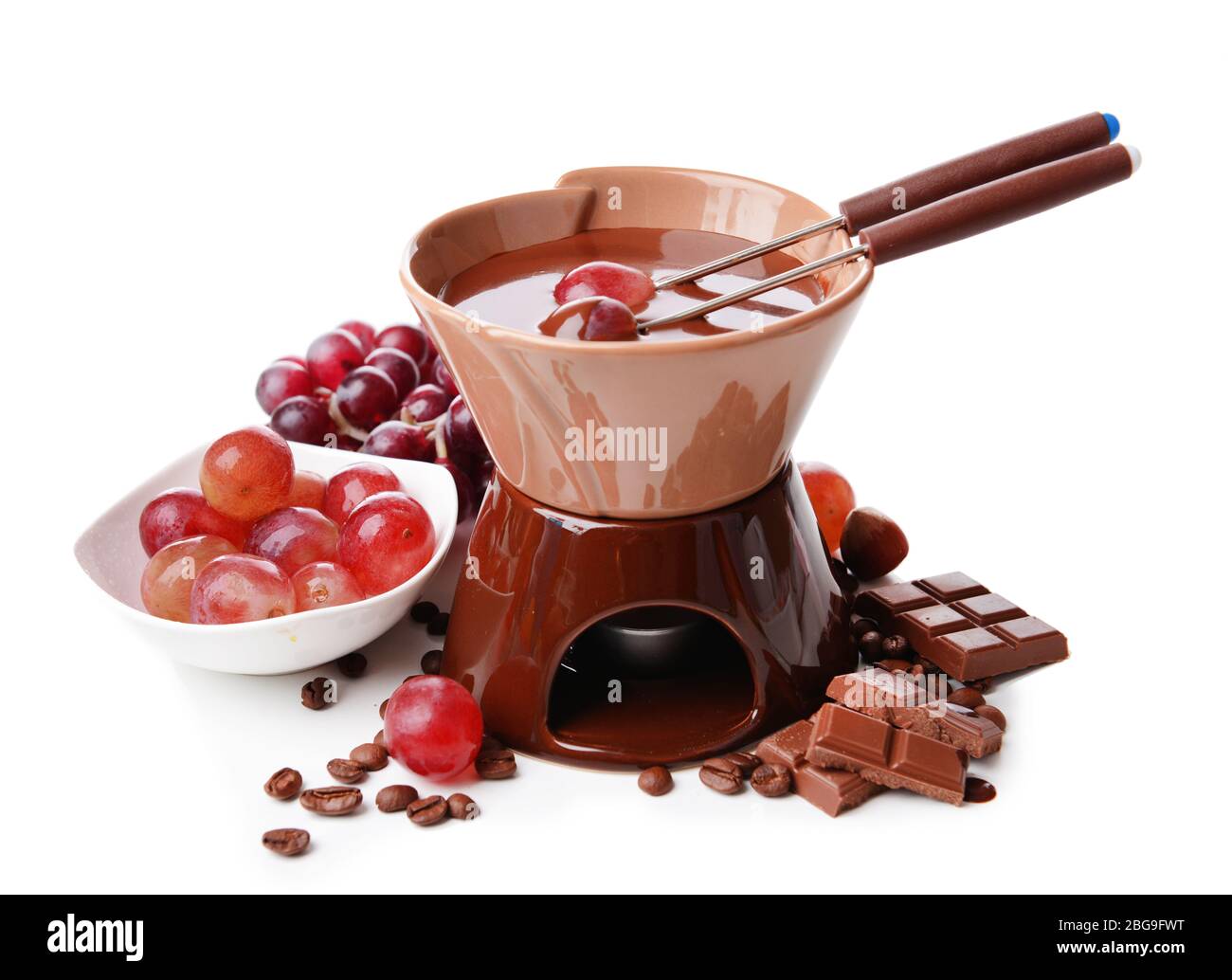 Chocolate fondue with fruits, isolated on white Stock Photo - Alamy
