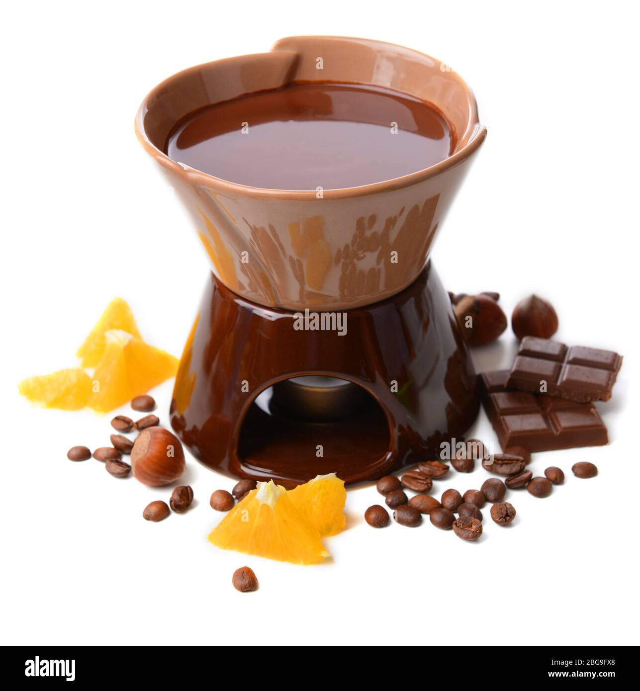 Chocolate fondue with fruits, isolated on white Stock Photo - Alamy