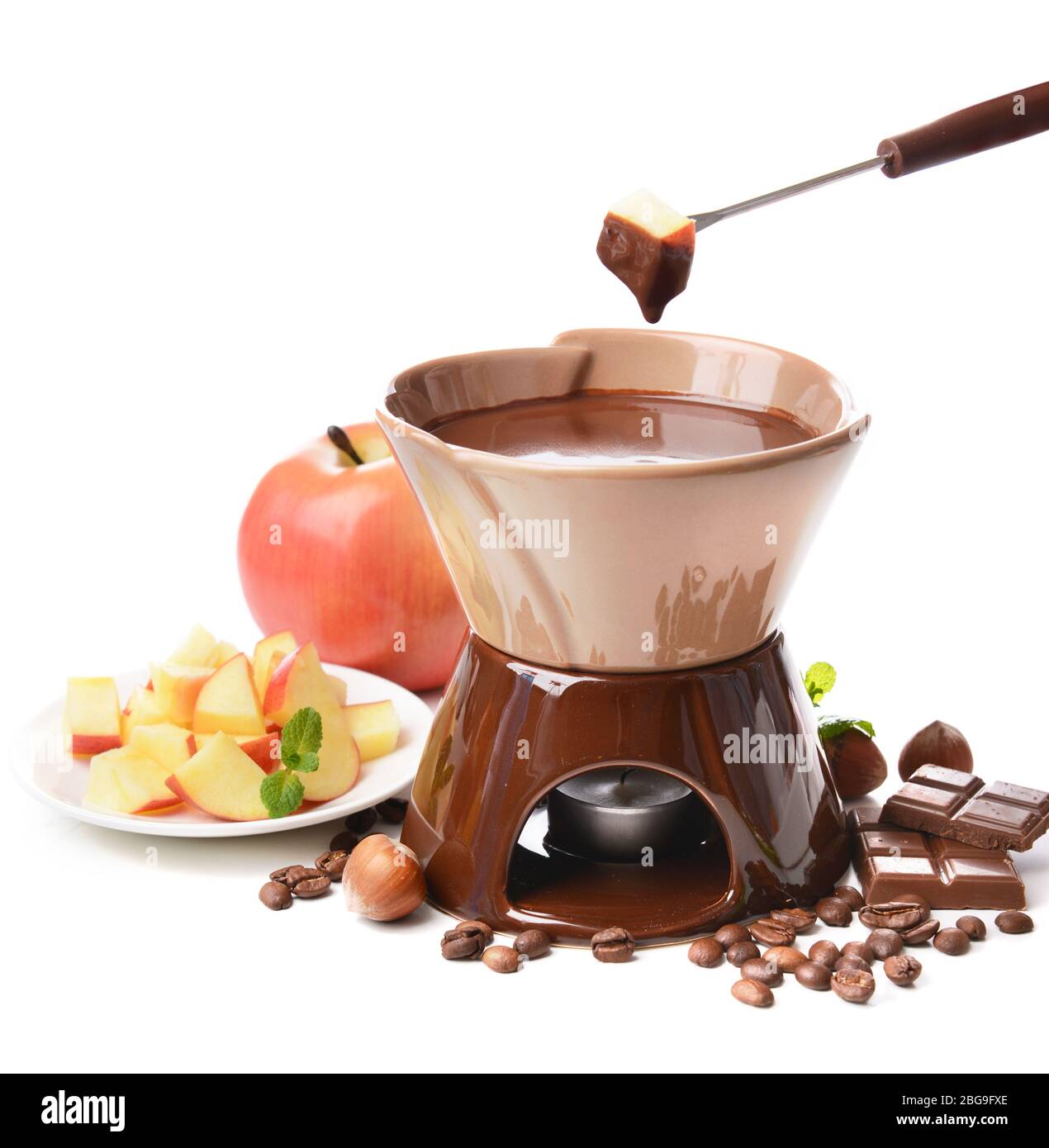 Chocolate fondue with fruits, isolated on white Stock Photo - Alamy