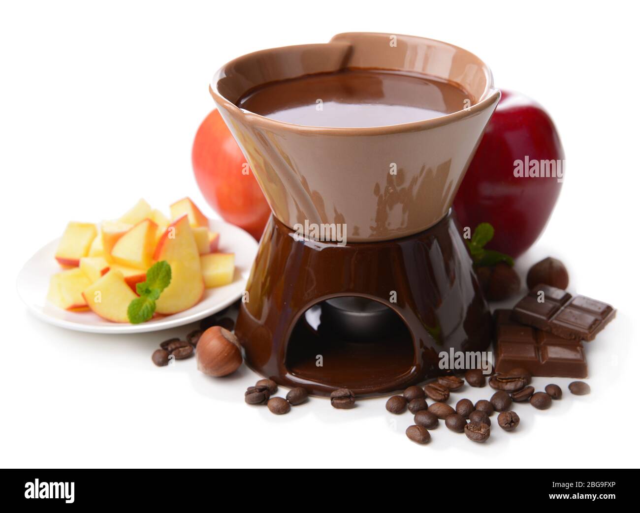 Chocolate fondue with fruits, isolated on white Stock Photo - Alamy
