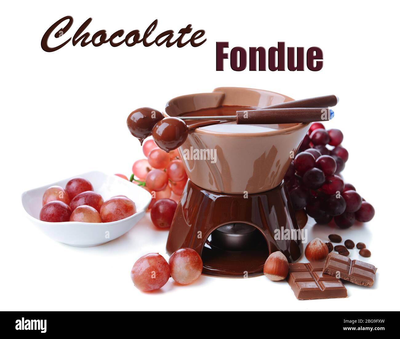 Chocolate fondue with fruits, isolated on white Stock Photo - Alamy