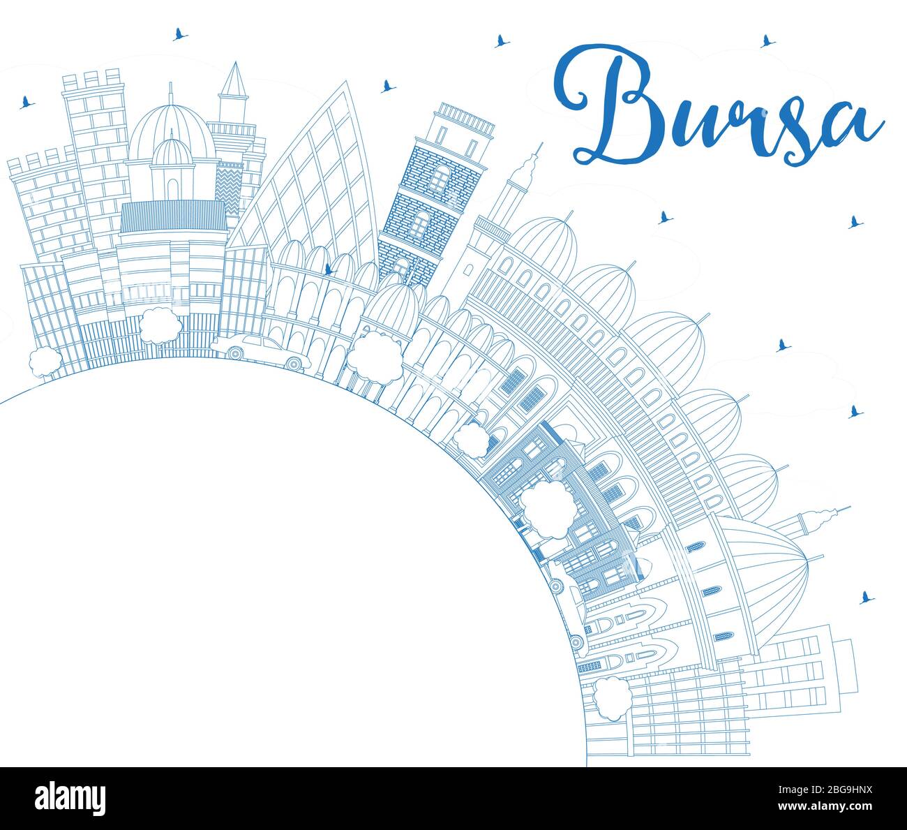 Outline Bursa Turkey City Skyline with Blue Buildings and Copy Space ...
