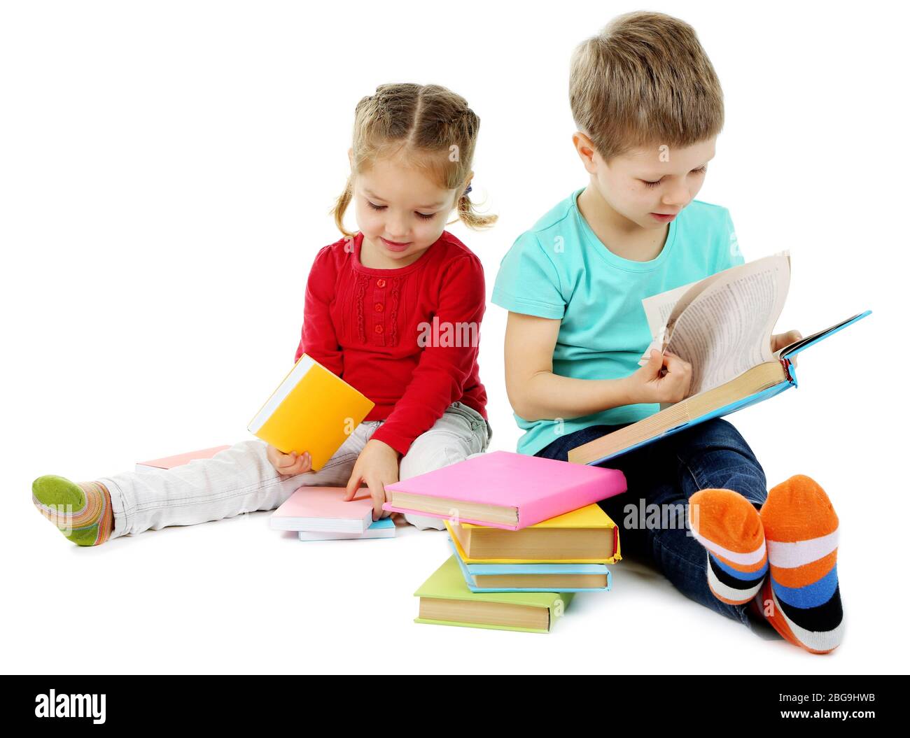 Little children with books isolated on white Stock Photo - Alamy
