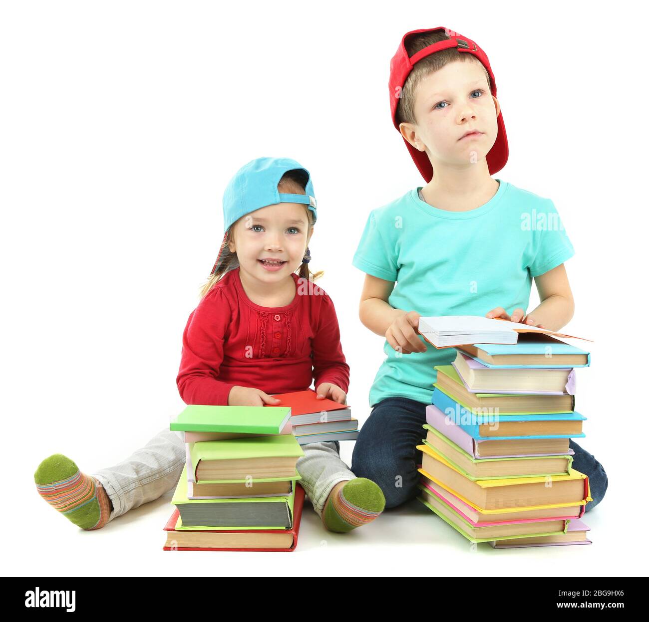 Little children with books isolated on white Stock Photo - Alamy