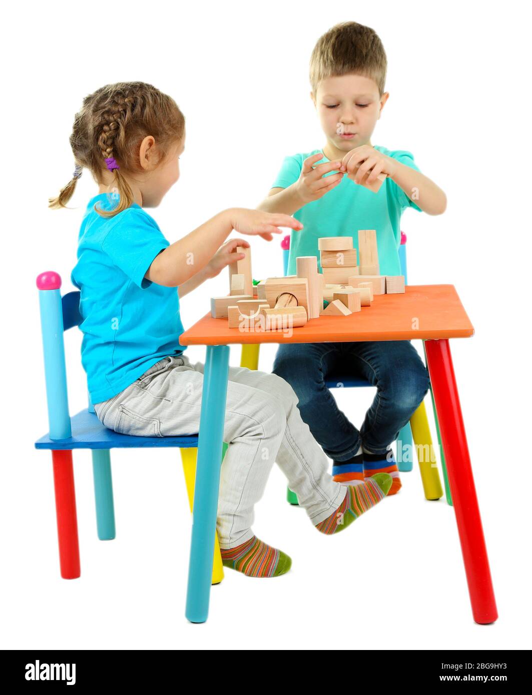 Little children playing with building blocks isolated on white Stock ...