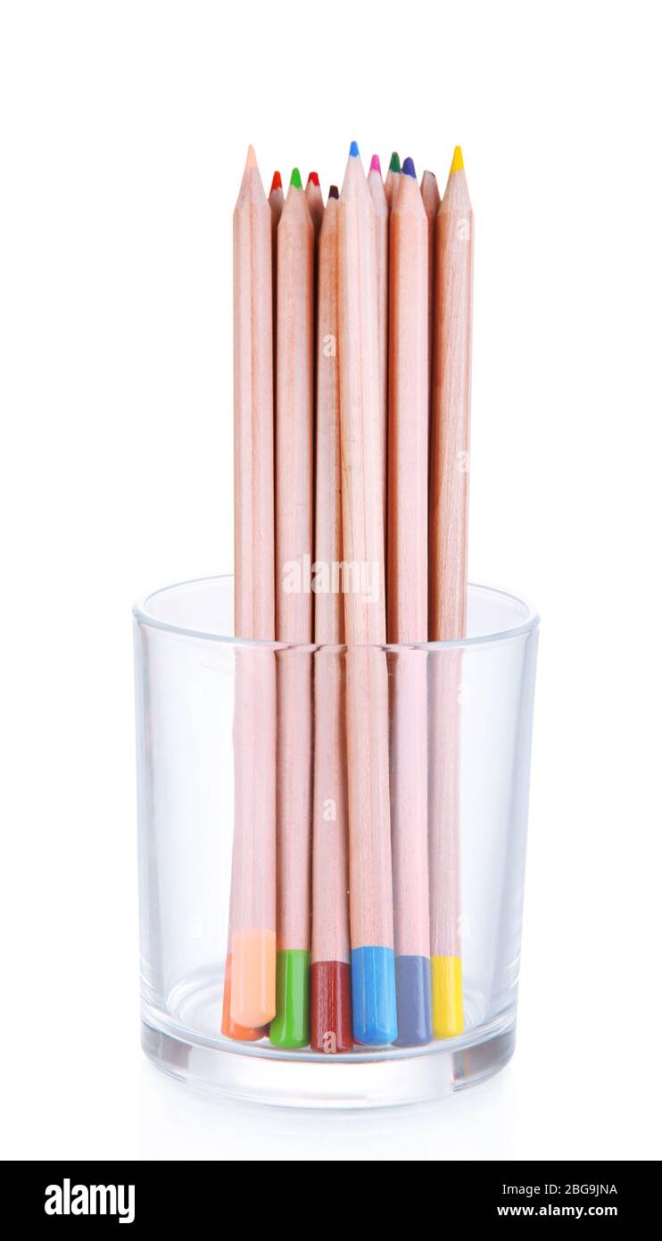 Colorful pencils in glass isolated on white Stock Photo - Alamy