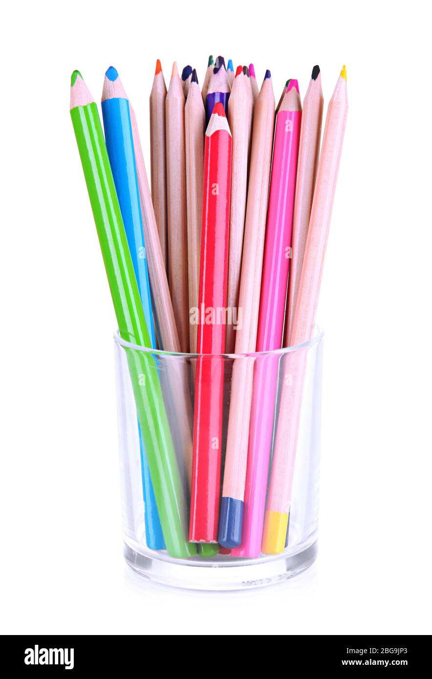 Colorful pencils in glass isolated on white Stock Photo - Alamy