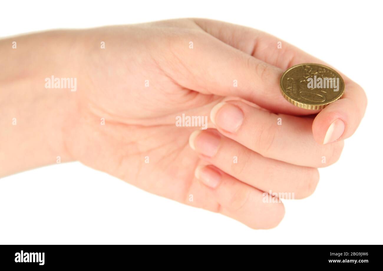 Hand of woman flipping coin isolated on white Stock Photo - Alamy