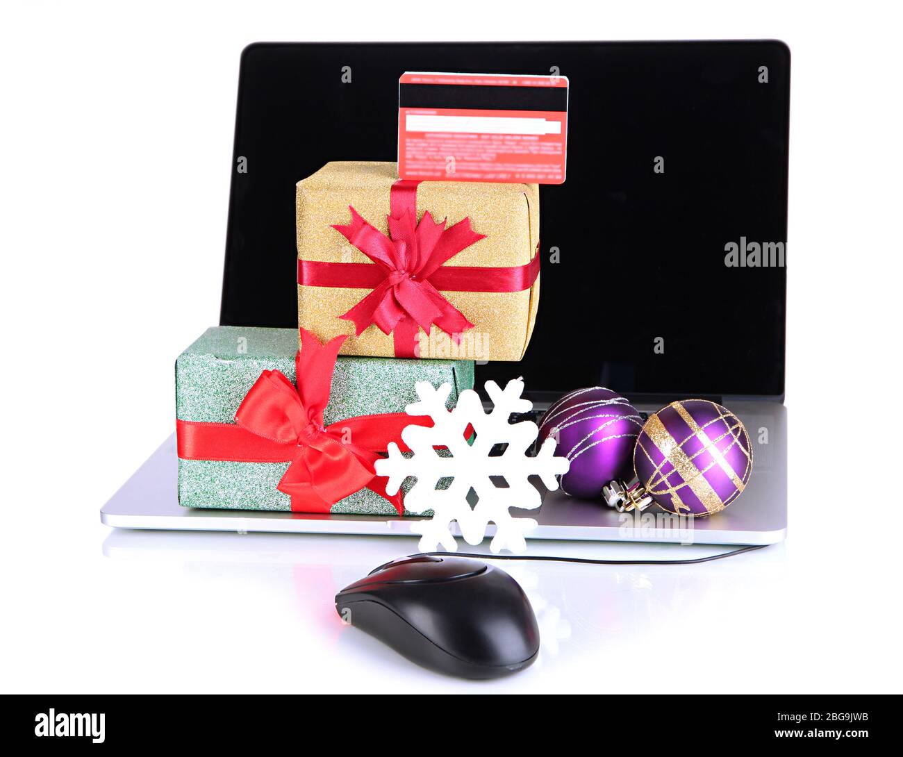 Laptop, gifts and computer mouse isolated on white Stock Photo - Alamy