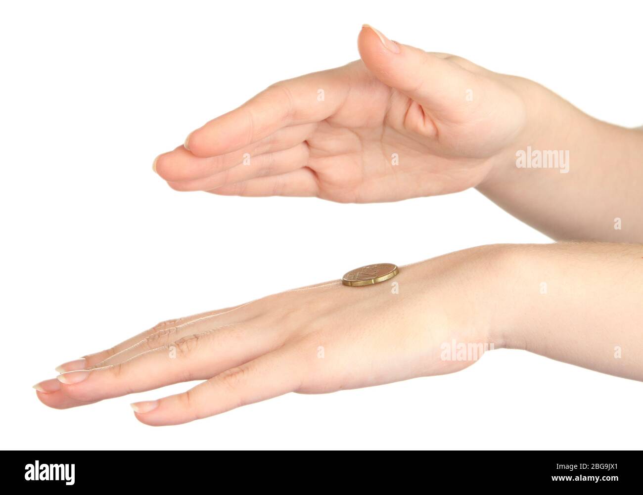 Hands of woman flipping coin isolated on white Stock Photo - Alamy
