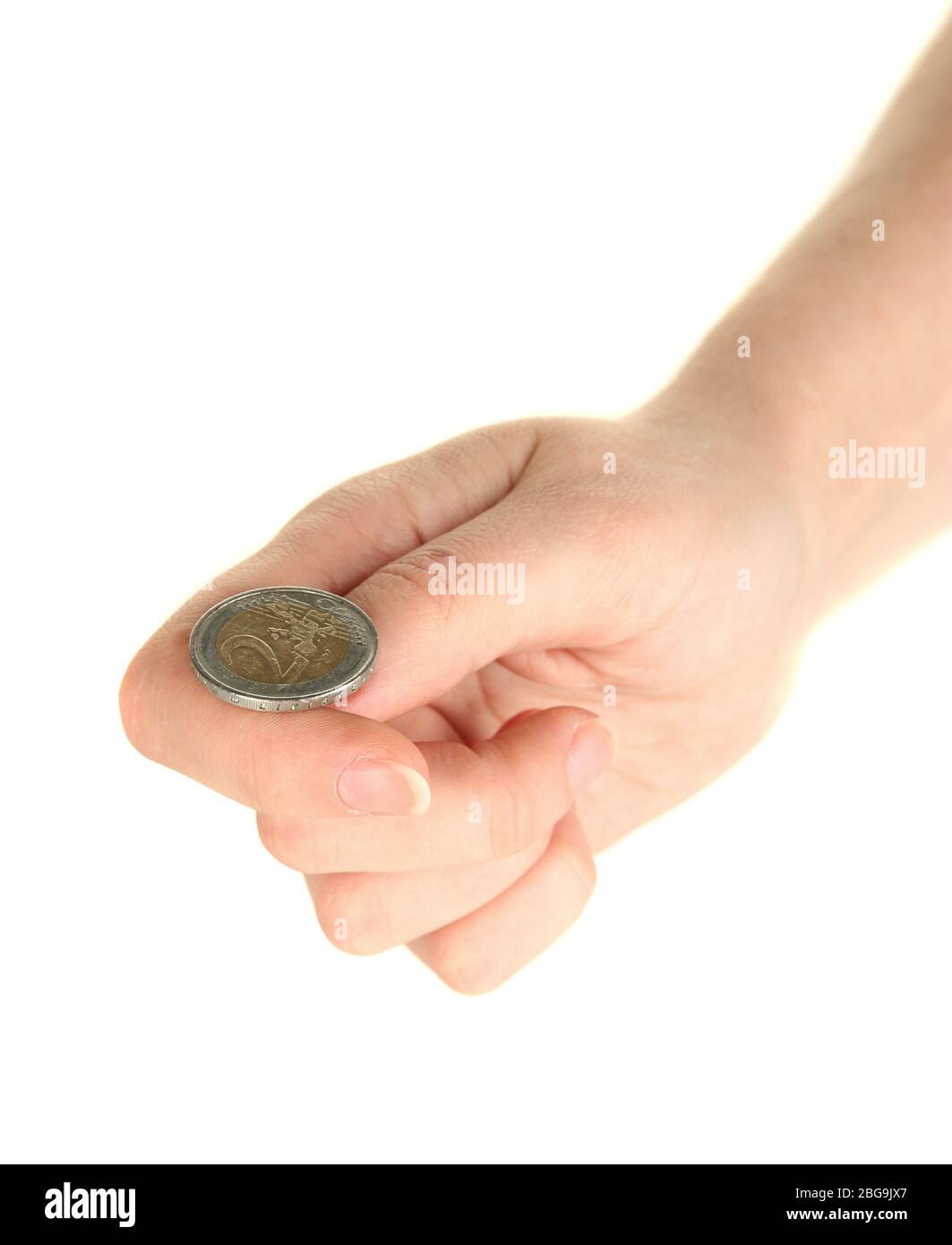 Hand of woman flipping coin isolated on white Stock Photo - Alamy