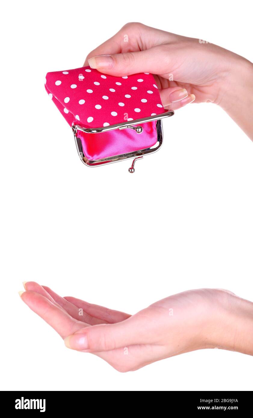 Female hand holding pink purse isolated on white Stock Photo - Alamy