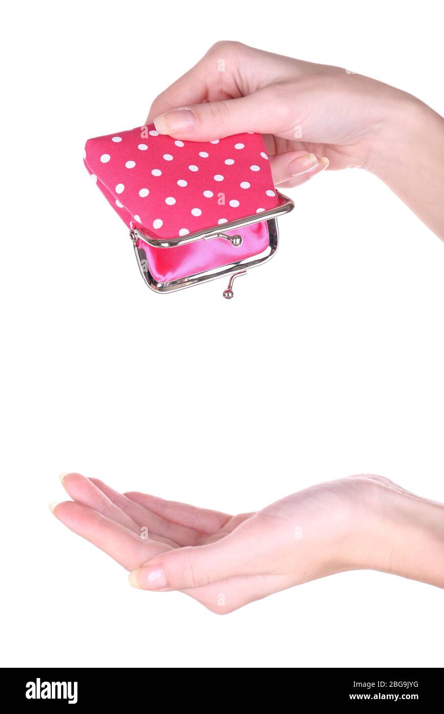 Female hand holding pink purse isolated on white Stock Photo - Alamy