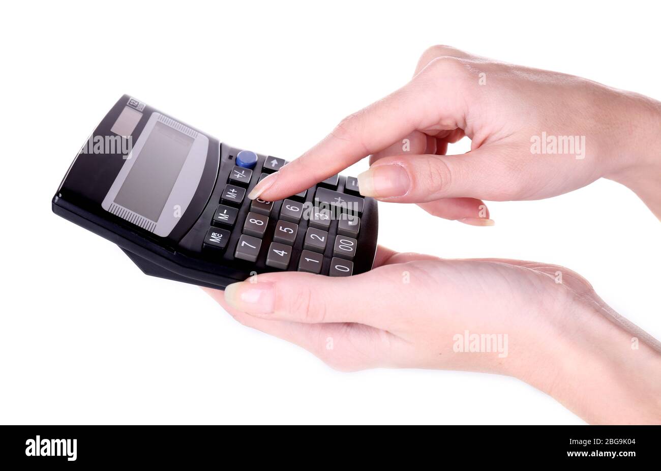 Female hands holding digital calculator isolated on white Stock Photo ...