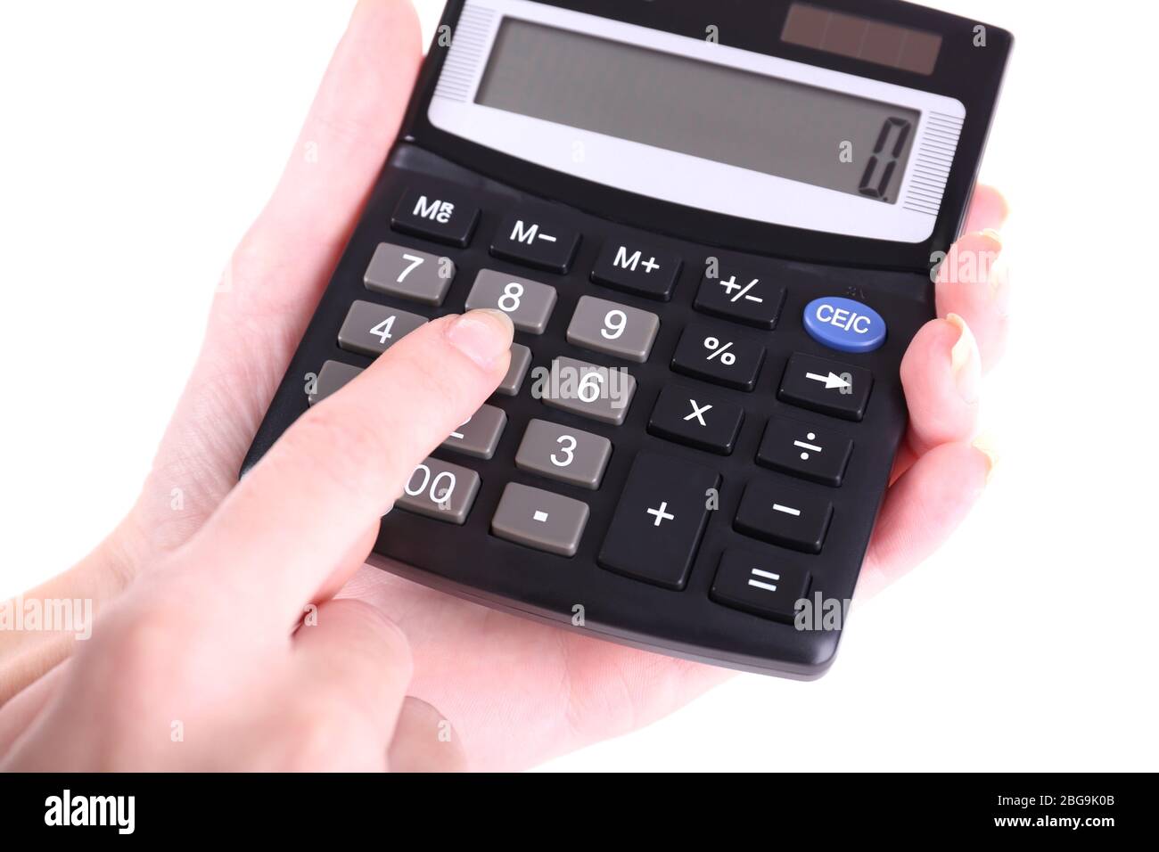 Female hands holding digital calculator isolated on white Stock Photo ...