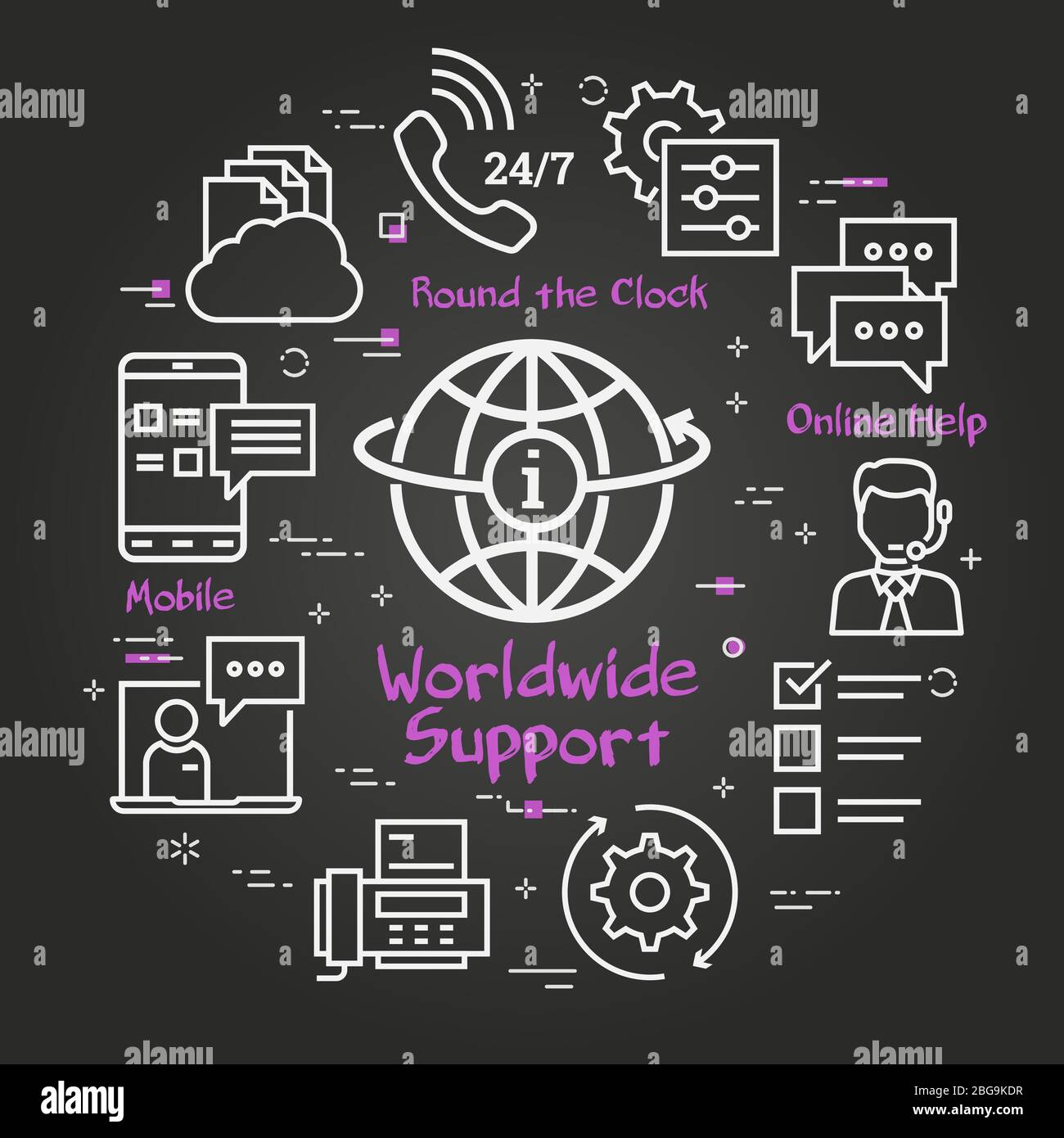 Vector black concept of online support - worldwide info icon Stock ...