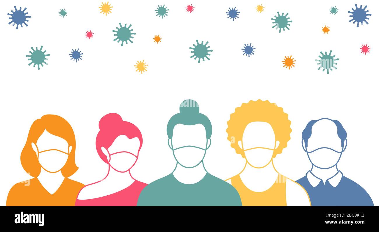 People in protective masks and flying coronavirus in flat style. Men ...