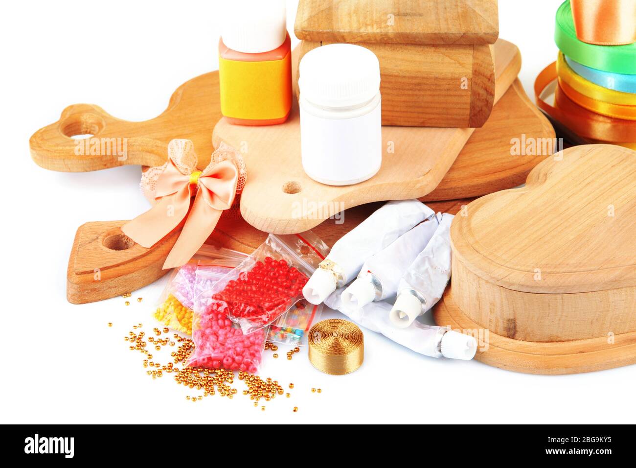 Handmade wooden boxes and art materials for decor, isolated on white ...