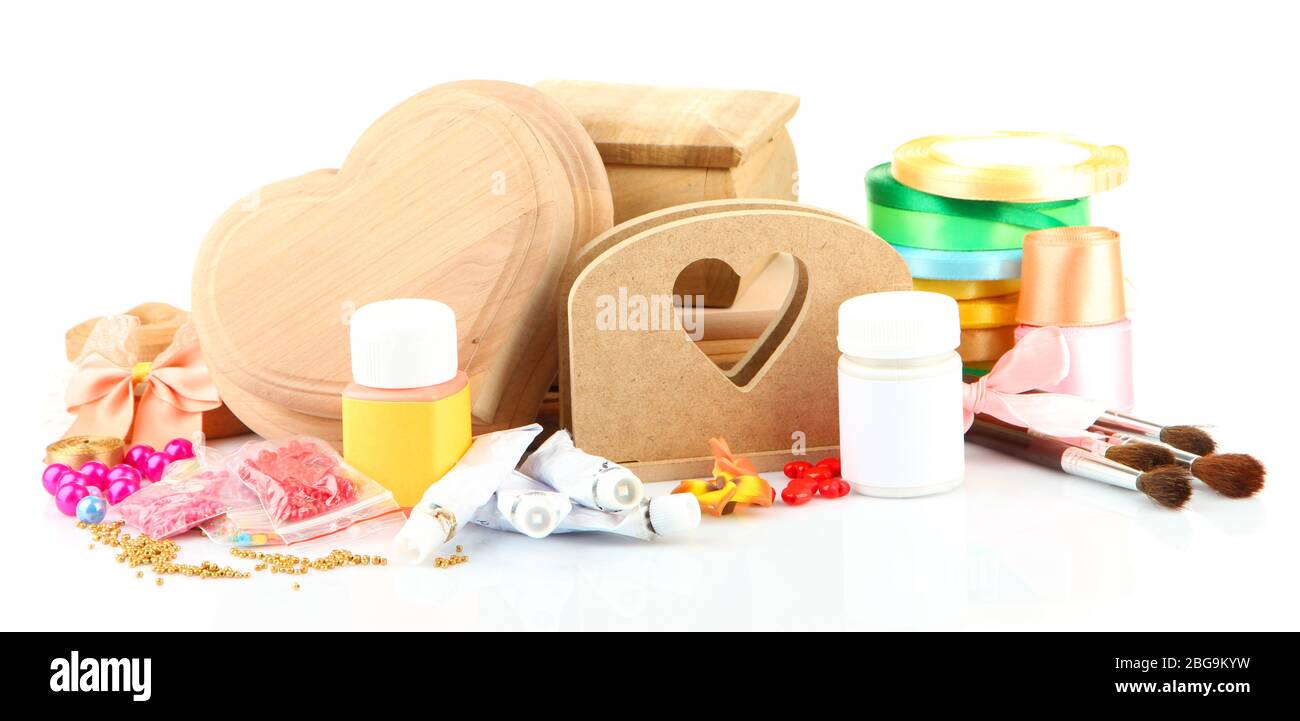Handmade wooden boxes and art materials for decor, isolated on white ...