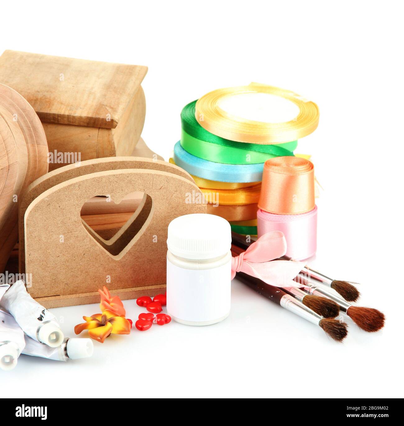 Handmade wooden boxes and art materials for decor, isolated on white ...