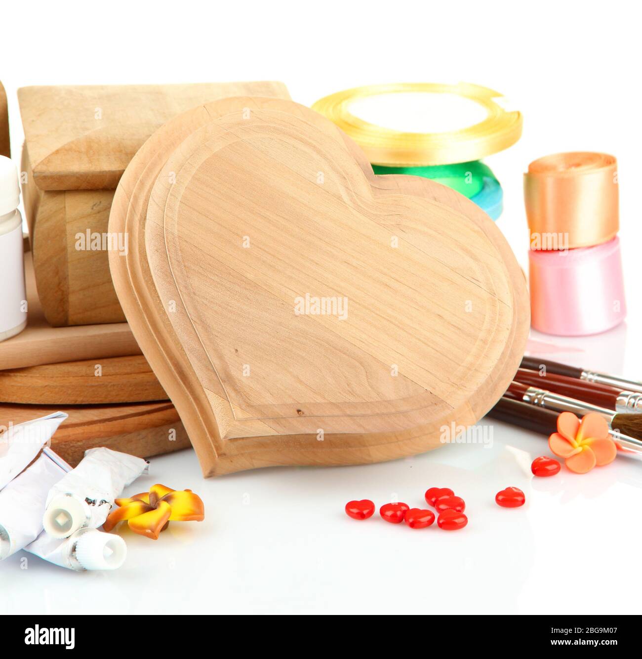 Handmade wooden boxes and art materials for decor, isolated on white ...