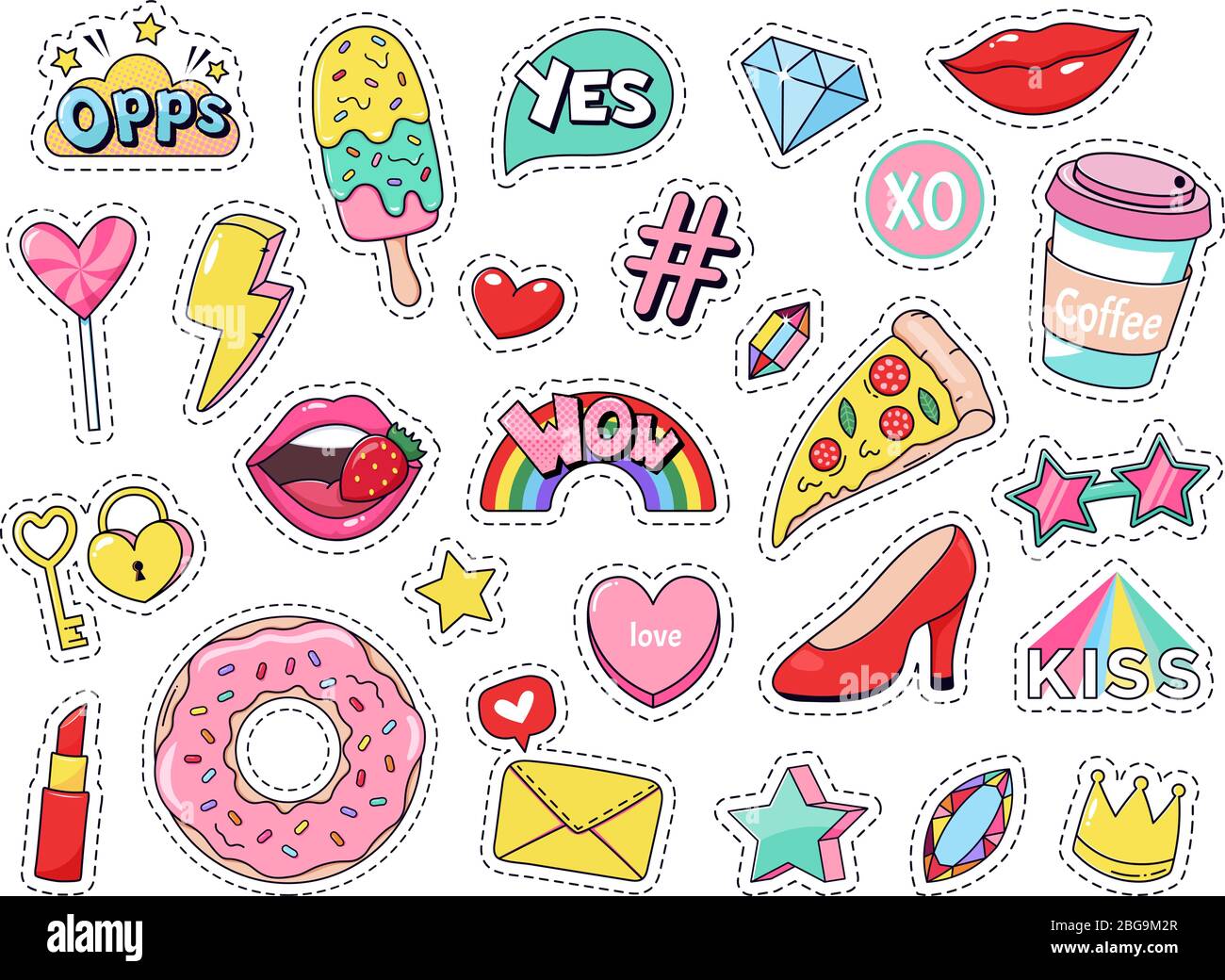 Fashion patches. Comic doodle girl badges, teenage cute cartoon ...