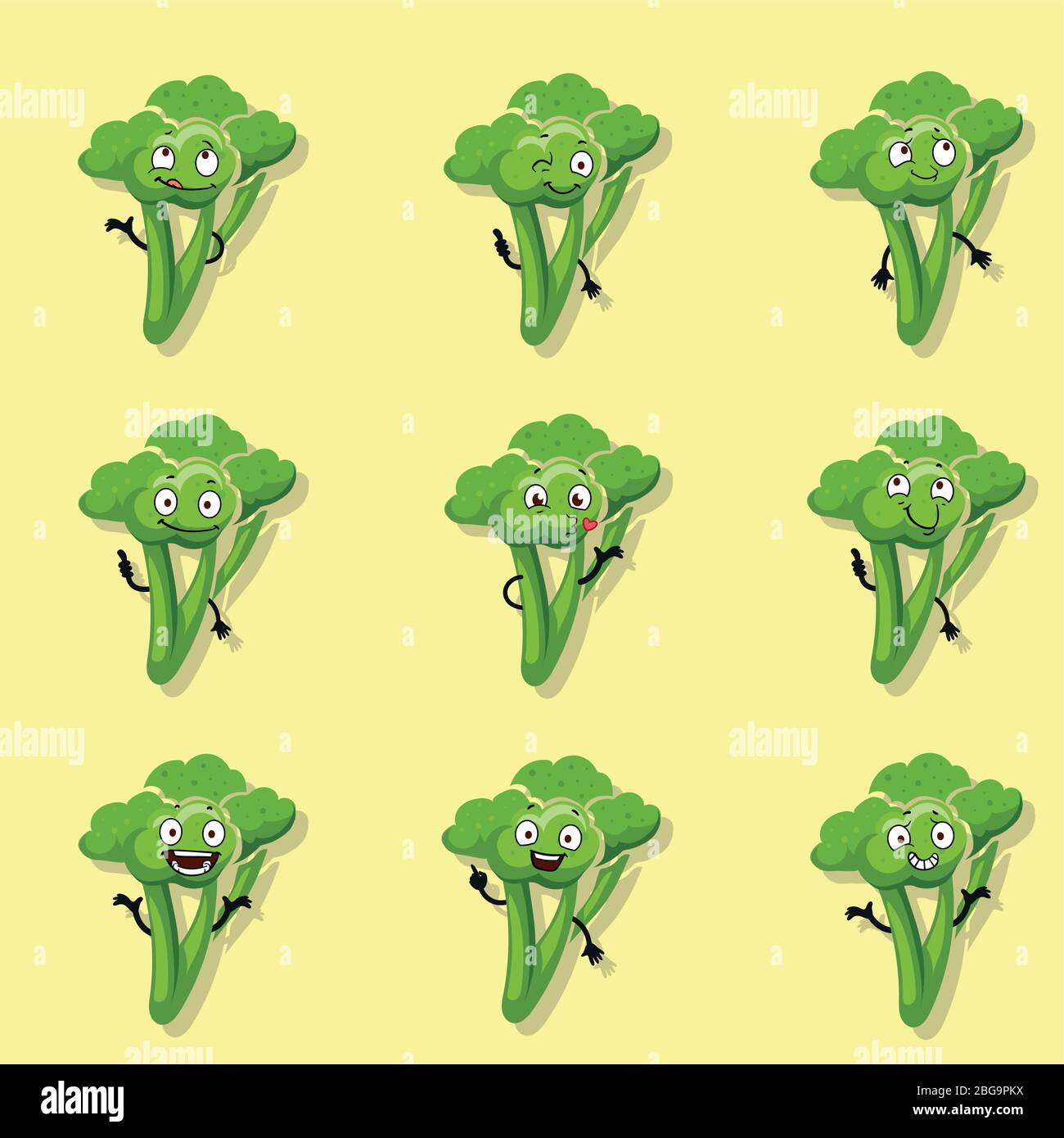 Broccoli positive emotions. Vector cartoon style character set of ...